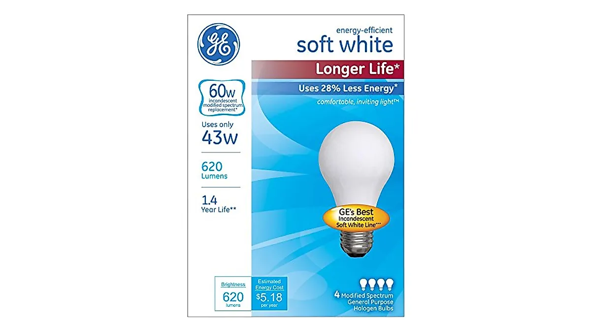 GE A19 Halogen 43W Light Bulbs - 60W Replacement Soft White 4-Pack