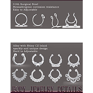 Jenxnjsjo Fake Septum Piercing Rings Non Pierced Faux Piercings Jewelry for Women Men Round Sun Stainless Steel Clip On Fakes Septums Nose Ring Hoop Cuffs
