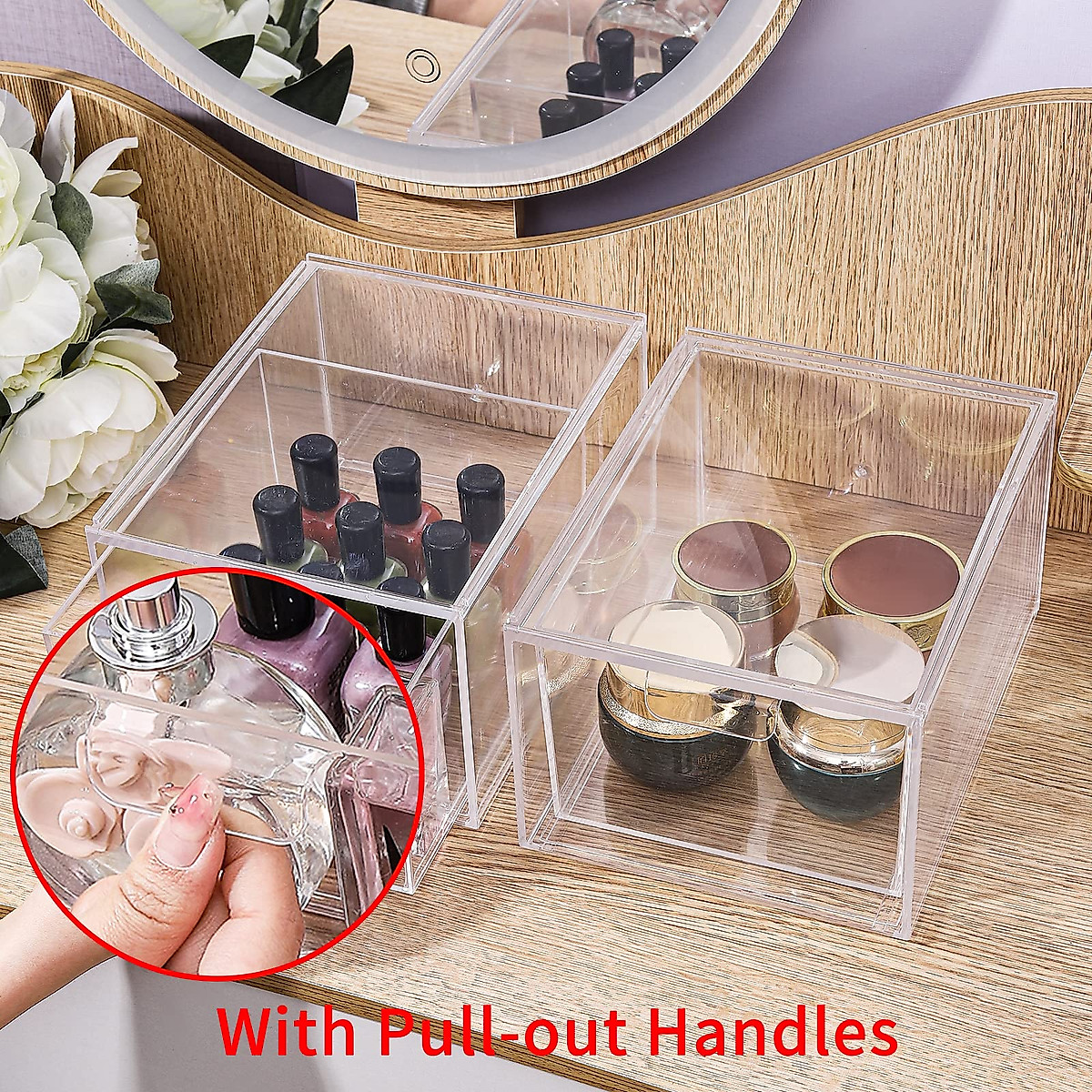 SuoXing Stackable Makeup Plastic Organizer Storage Drawers,4.5'' Tall Acrylic Bathroom Organizers,2 Pack Cosmetic Display Case Plastic Storage Bins For Vanity,Undersink,Pantry Organization and Storage