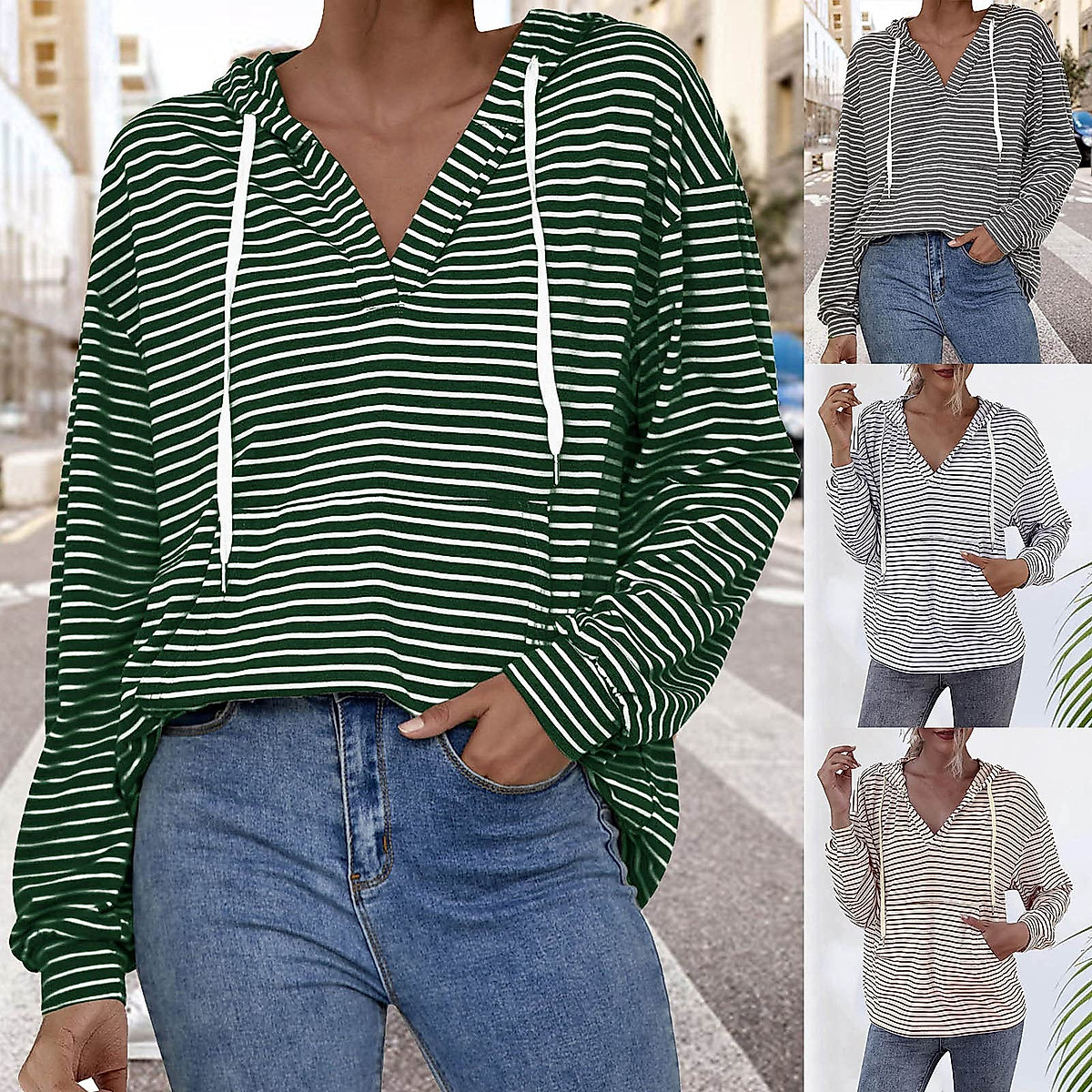 KHIIen Women's Casual Stripe Print Hoodies Tops Long Sleeve Drawstring Pullover Sweatshirts with Pocket