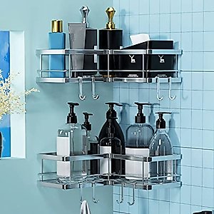 Adhesive Corner Shower Caddy,2 Pack Bathroom Corner Shower Basket Shelf With 6 Hooks Stainless Steel Shower Storage Organizer Shampoo Holder, No Drilling Shower Shelf Basket Bathroom Shelf Rack
