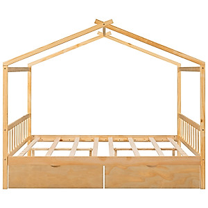 Harper & Bright Designs Full House Bed for Kids, Wooden Full Size House Bed Frame with Two Drawers, Full Storage Bed with Headboard and Footboard,Roof Design for Girls Boys, Natural