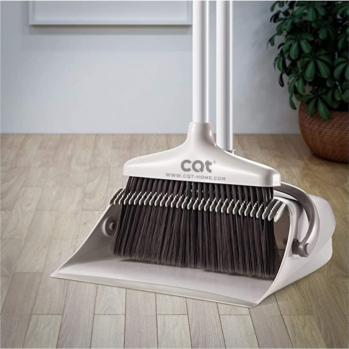 CQT Broom and Dustpan Set with Handle, Brush and Dustpan Set for Home Kitchen Cleaner Floor Sweeping Upright Stand Up Dust pan Cleans Combo (Brown)