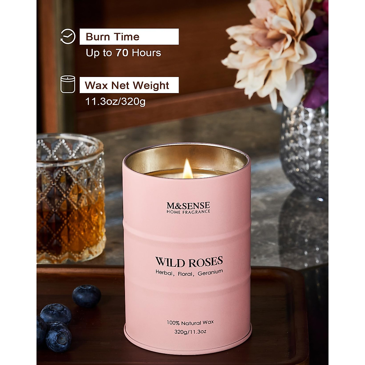 M&SENSE Wild Rose Natural Scented Candle, 70 Hours Long Lasting Soy Candles 11.3oz, Stress Relief Aromatherapy Candles for Women, Romantic Candle Gifts Valentines Day Gifts for Her