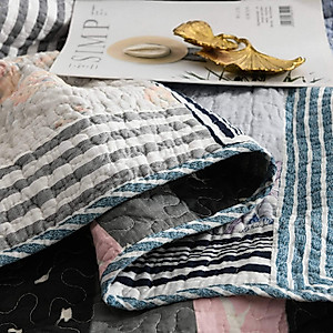 NEWLAKE Bedspread Quilt Set with Real Stitched Embroidery, Floral Paisley Grid Pattern,Queen Size