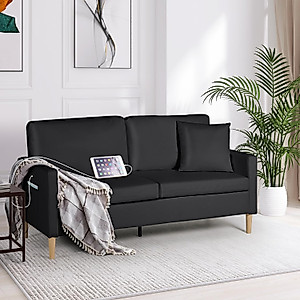 AILEEKISS 66" Loveseat Sofa Couch with 2 USB, Mid Century Modern Love Seat Couches for Living Room, PU Leather Upholstered 3-Seat Sofas for Bedroom, Apartments, Office (Black)