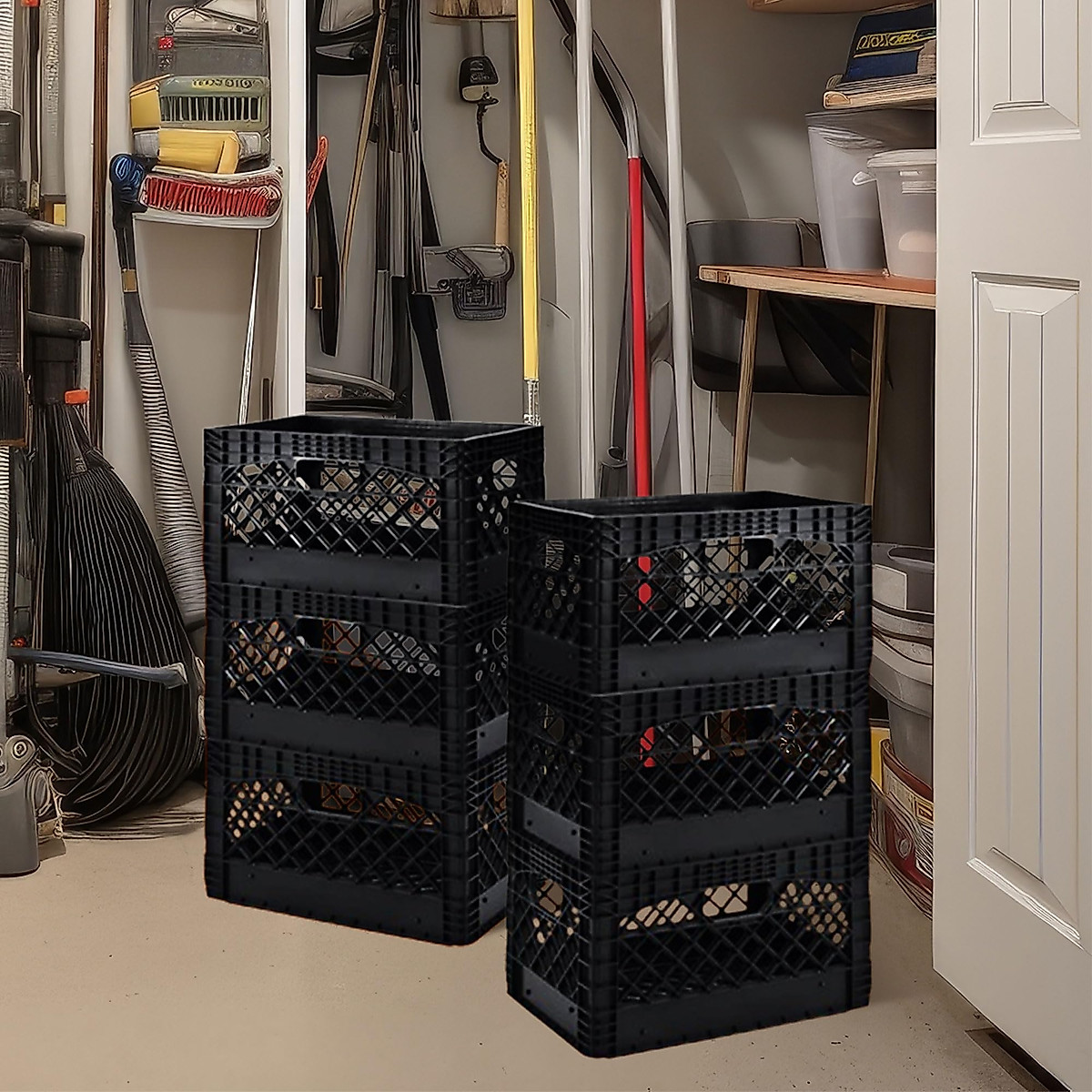 Juggernaut Storage 24 Quart 3 Pack Black Heavy Duty Rectangular Stackable Dairy Milk Crates, 11" Height, 19" Width
