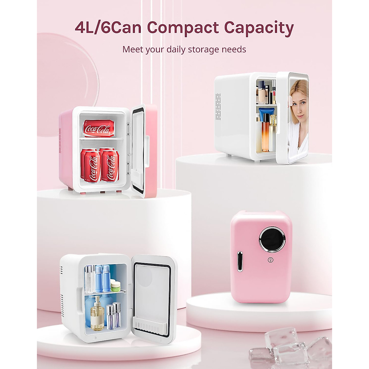 FETIONS Mini Skincare Fridge with Adjustable LED Make Up Mirror, Portable Refrigerator 4L/6 Can Cooler & Warmer, Compact for Skincare,Food and Drinks, Small Fridge for Bedroom,Dorm,Car,Office, White