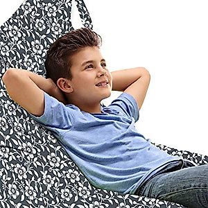 Lunarable Grey Lounger Chair Bag, Antique Victorian Foliage Ornate White Blossoms with Leaves Curly Branches, High Capacity Storage with Handle Container, Lounger Size, Charcoal Grey White