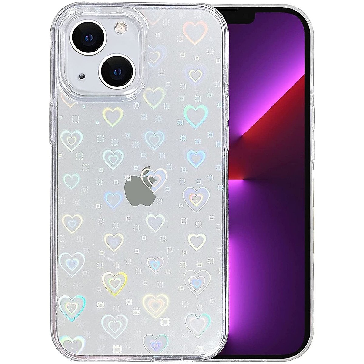 SmoBea Compatible with iPhone 13 Mini Case, for Laser Glitter Bling Heart Soft & Flexible TPU and Hard PC Back Shockproof Cover Women Girls Heart Pattern Phone Case (Rainbow Heart/Clear)