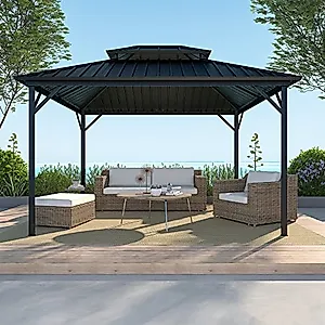 MONDAWE 10x12Ft Hardtop Gazebo Heavy Duty Galvanized Steel Double Roof Permanent Gazebo Steel Frame Canopy Outdoor Pavilion for Patio Lawn Garden