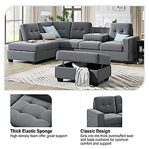 Merax L Shaped Sectional Sofas 3-Seat Sofa Sets Sectional Sofa Couches with Reversible Chaise Lounge, Cup Holders and Storage Ottoman for Living Room Furniture (Grey)