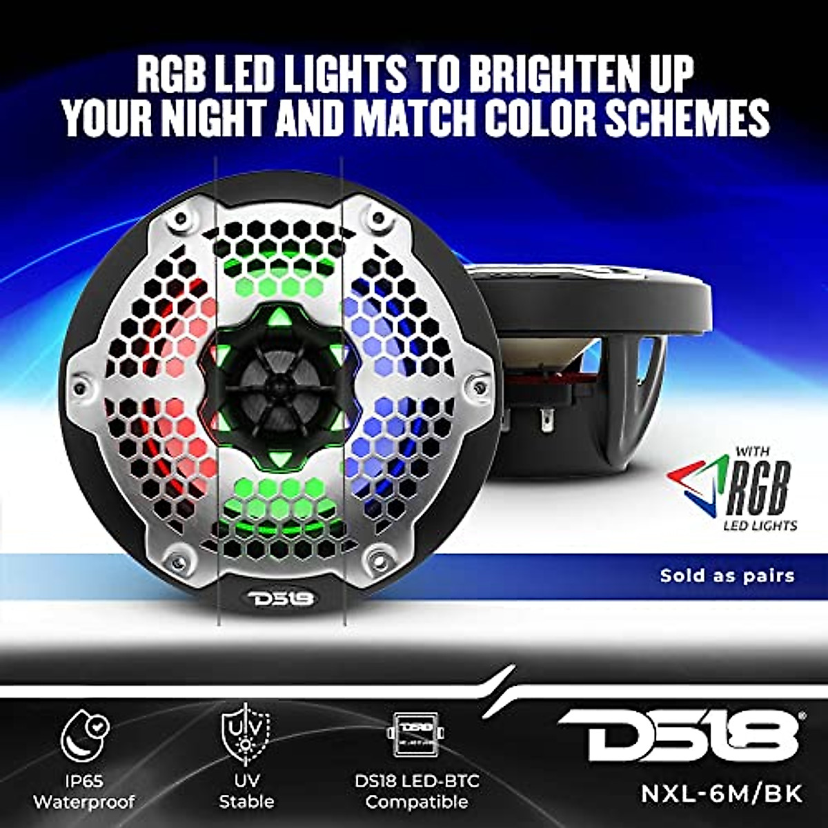DS18 Hydro NXL-6M/BK - High End Mesh Grill Coaxial Speaker Pair - 2-Way Car Speaker with Integrated RGB Lights - 300 Watt Car Audio System - Water Resistant Speakers - 6 Inches, Black