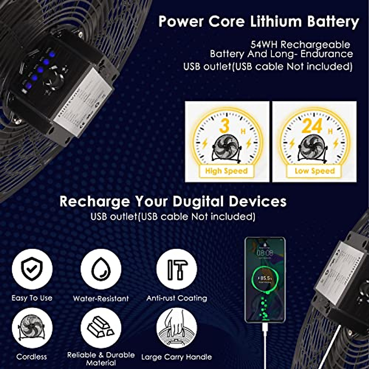 Rechargeable Cordless Floor Fan,16-Inch,Cordless Outdoor Fan, Industrial Fan,Air Circulating Fan ith 360-Degree Tilt,High Velocity Electric Industrial and Home Floor Fan for Camp, Commercial,Office …