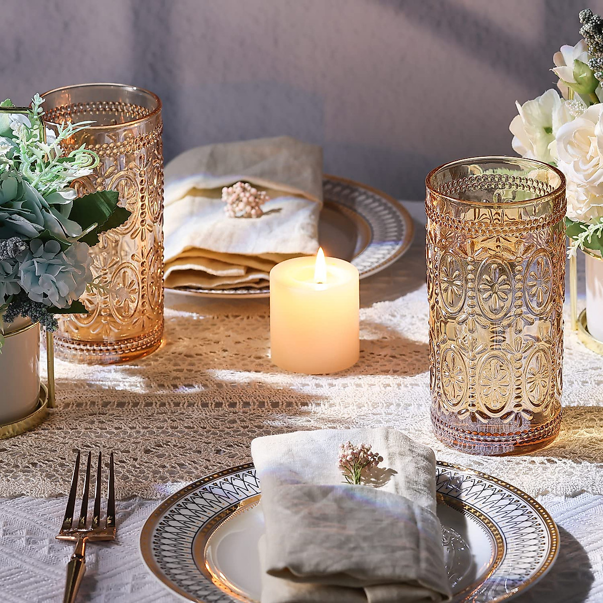 6 Pack Highball Beverage Glass Cup, 12oz Amber Glassware Drinking, Vintage Embossed Drinking Glasses, Old Fashioned Glass for Party Wedding Home Office and Gift