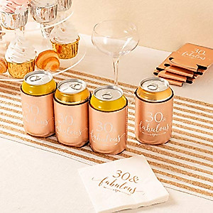 Crisky 30 Fabulous Can Cooler Rose Gold 30th Birthday Decorations Beer Sleeve Party Favor, Can Covers with Insulated Covers, 12-Ounce Neoprene Coolers for Soda, Beer, Can Beverage, 12 Rose Gold