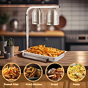 VIHOSE Commercial Food Heat Lamp with 2 Food Pans 110V Electric Food Warmer 2 Bulbs Stainless Steel Heat Lamp Adjustable Frame for Food Preservation Restaurant Buffet Hotel Kitchen Party, Silver