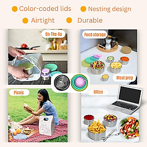 304 Stainless Steel Lunch Box Containers for Kids with Lunch Bag, Leakproof Stainless Steel Round Food Storage Containers with Silicone Lids, Metal and Nesting Snack Containers, Set of 5 sizes, kF033