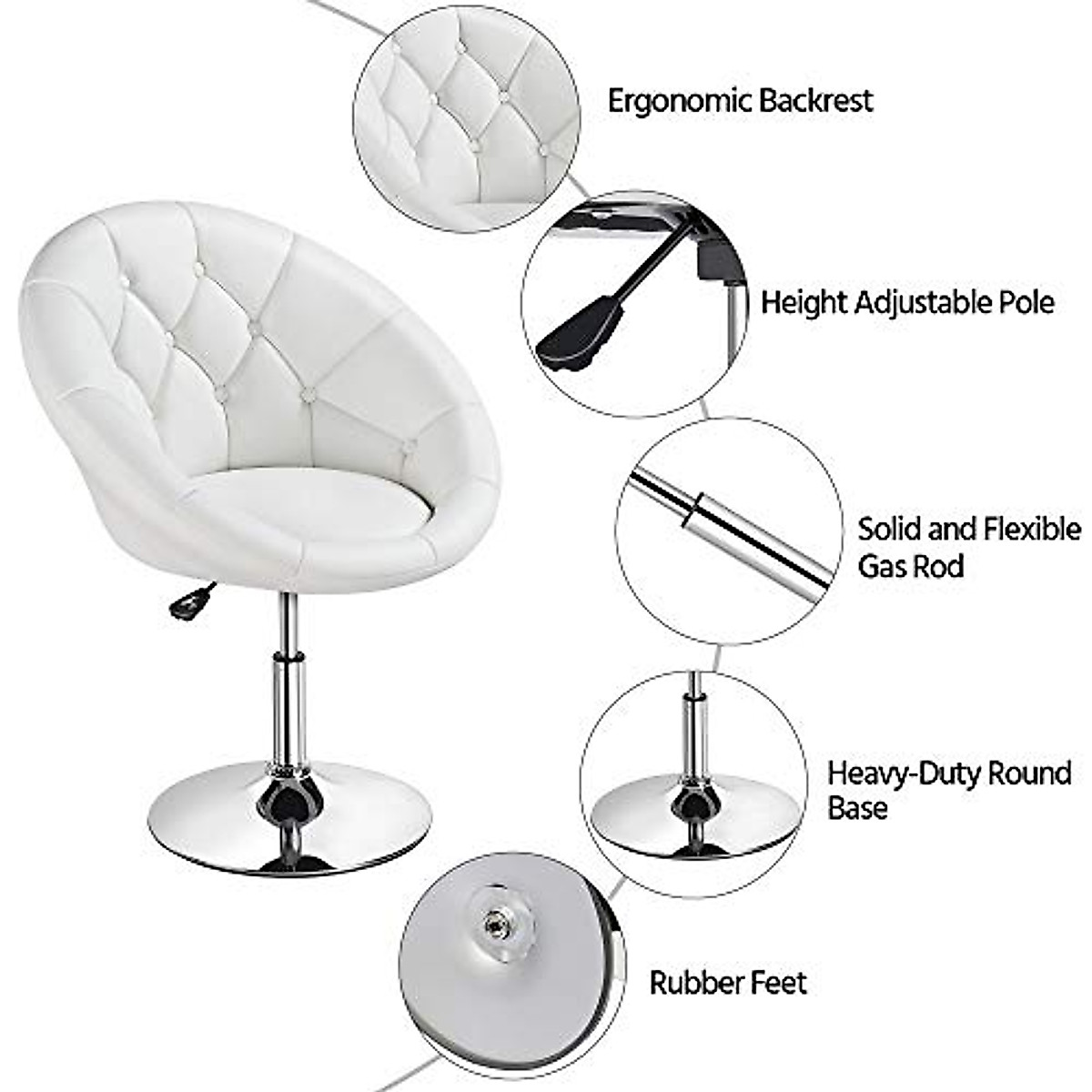 Yaheetech Vanity Chair Makeup Chair Swivel Accent Chair Height Adjustable Round Back Tilt Chair with Chrome Frame for Makeup Room, Living Room, White