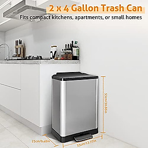 WICHEMI 30L Dual Trash Can, 2 x 4 Gal (2 x 15L) Stainless Steel Kitchen Garbage Can, Step-on Classified Recycle Garbage Bin with Soft-Close Lid & Removable Inner Buckets, Fingerprint-Proof, Airtight