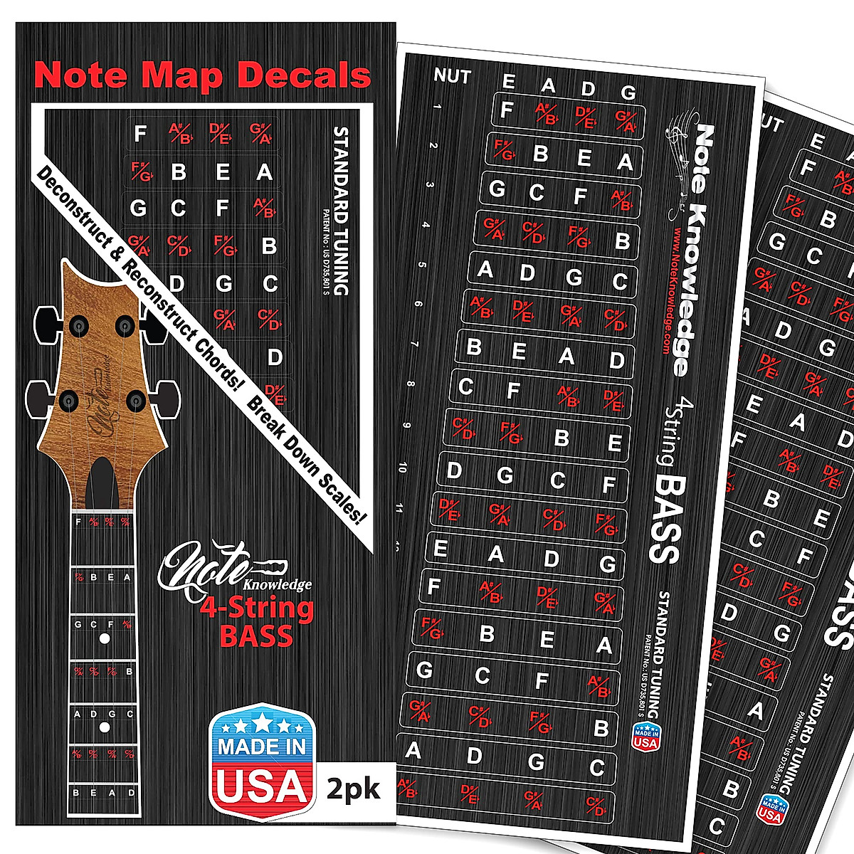 Bass Guitar Fretboard Note Map Decals/Stickers 2-Pack for Learning and Practicing Notes on Bass Guitar