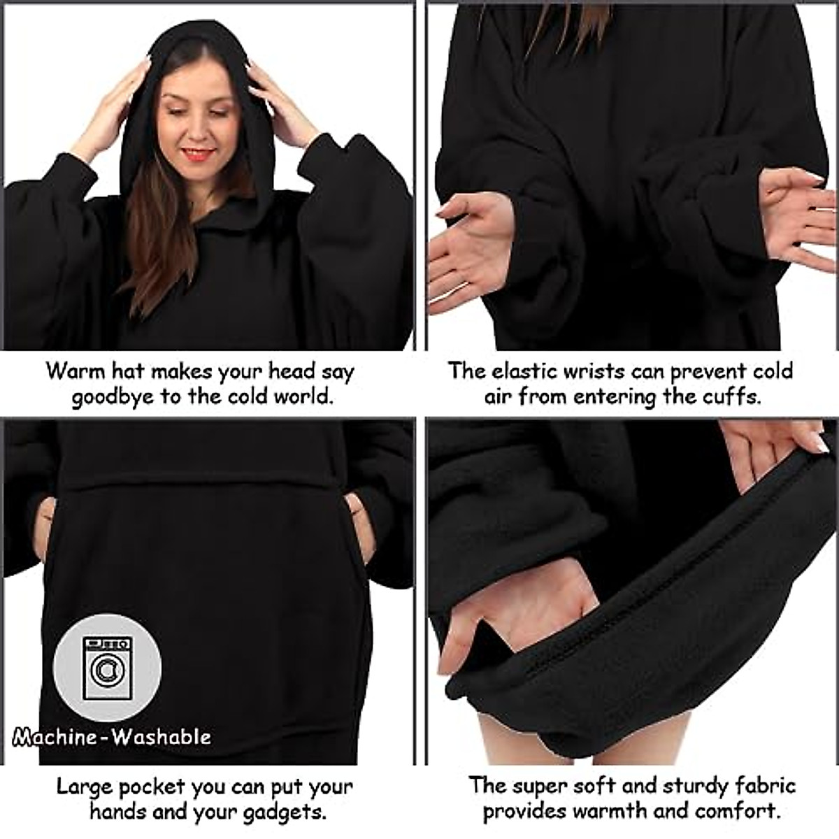 Daverose Oversized Wearable Blanket Hoodie for Women Men Adults, Fleece Hoodie Blanket Sweatshirt with Giant Hood & Pocket for Teens, Cozy Hooded Blanket as A Gift Indoor & Outdoor, Black