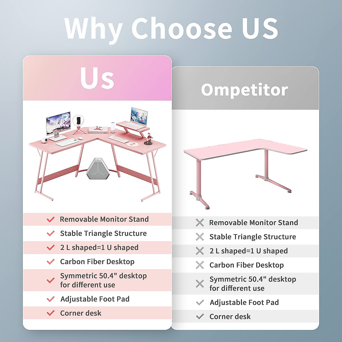 VICTONE L Shaped Gaming Desk, Corner Desk with Monitor Stand, Computer PC Table for Home Office Writing Studying Working, Space-Saving, Easy Assemble(Pink,51'')