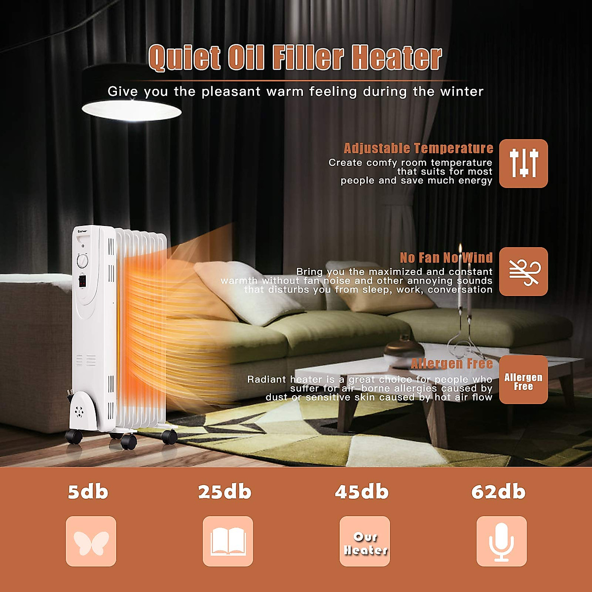 COSTWAY Oil Filled Radiator Heater, 1500W Portable Space Heater with Dual Safe Protections, Adjustable Thermostat & 3 Heating Modes, Electric Oil Heaters for Living Room, Bedroom, Office