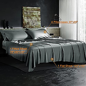 Shilucheng Bamboo_ 6-Piece King Size Bed Sheets Set 1800 Thread Count 16 Inch Deep Pockets Cool Eco Friendly Soft and Comforterble(King,Dark Grey)