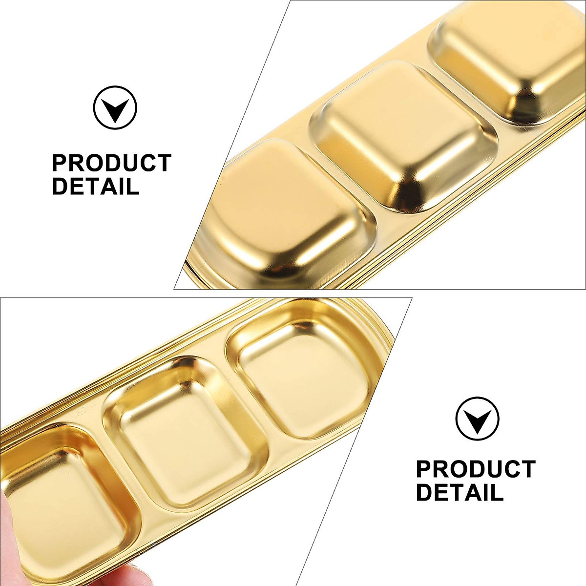 DOITOOL 2Pcs Stainless Steel Dipping Sauce Dishes, 3 Compartment Soy Sauce Dipping Bowls, Sushi Dipping Bowl Appetizer Plates Serving Dish for Soy Sauce, Ketchup, BBQ Sauce or Seasoning (Gold)