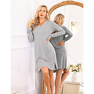 Ekouaer Womens Nightgowns Long Sleeve Ladies Night Shirt V Neck Loungewear Soft Sleep Dress Grey