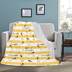 Custom Bee Blanket with Name Honey Bee Baby Blanket with Name Fluffy Warm Soft Flannel Throw Blanket All Season Lightwight Durable Blanket for Bed Sofa Couch Office 32"x48"