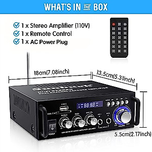 Sunbuck Max 250W×2, Bluetooth Stereo Amplifier, 2 Channel Outdoor Speaker Amplifier, Stereo Receiver for Home Audio w/USB 2.0, MIC in, Remote Control, Hi-Fi Small Amplifier for Speakers, AS-29BU