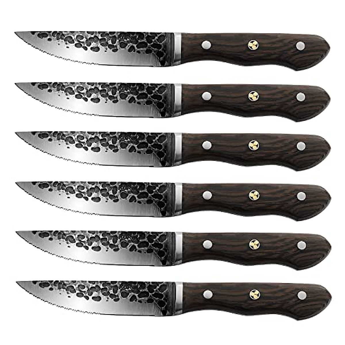 KONOLL Steak Knives Set of 6 Steaks Knife Serrated Blade Forged Handmade German High Carbon Steel Full Tang Handle