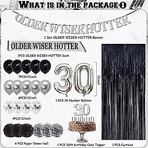30th Birthday Decorations for Him,Black and Silver Older Wiser Hotter Banner,Sash,Cake Toppers,Hanging Swirl,Foil Fringe Curtain,Happy Birthday Balloons for Men Women Thirty Birthday Party Supplies