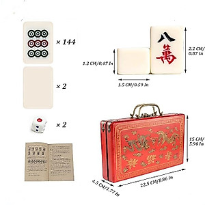 Florauspicious Chinese Mahjong Set, Traditional Majong Sets Chinese with 146PCS 0.87" x 0.59" x 0.47" Mini Mahjong Tiles, 2PCS Dot Dice & 6.7” Wooden Carry Case for Travel, Family Gathering, Party