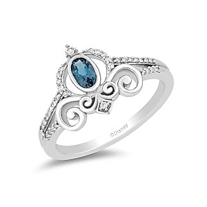 Jewelili Enchanted Disney Fine Jewelry Sterling Silver with 1/10 CTTW Diamonds and London Blue Topaz Cinderella Carriage Ring, size 8