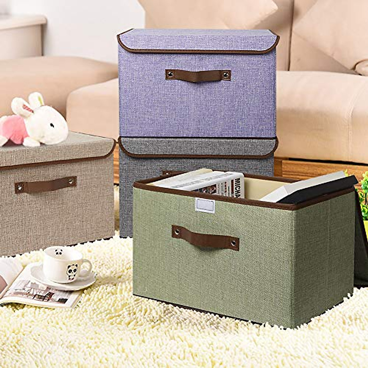 UUJOLY Large Storage Bins Linen Fabric Foldable Basket Cubes Organizer Storage Box Drawer with Lid and Handles for Home, Office, Closet, Bedroom, Nursery（(Green-2pcs)）
