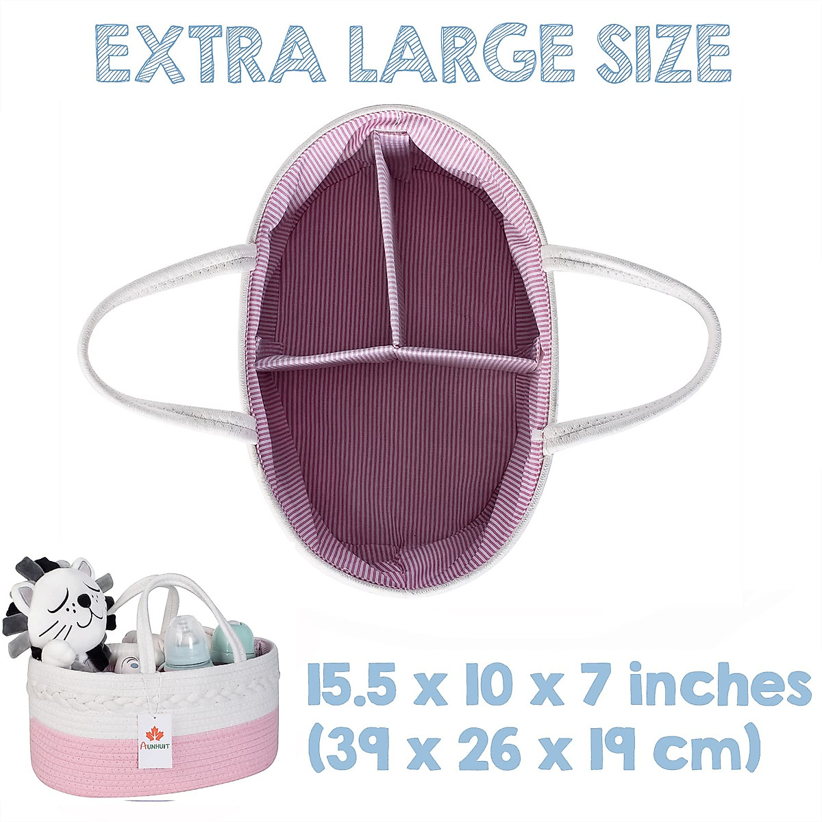 AUNHUIT Baby Diaper Caddy Organizer Nursery Storage Basket Portable Pink Woven Cotton Rope with Removable Inserts Newborn Registry Must Haves Baby Girl Shower Basket Hanging Large Travel Tote Bag