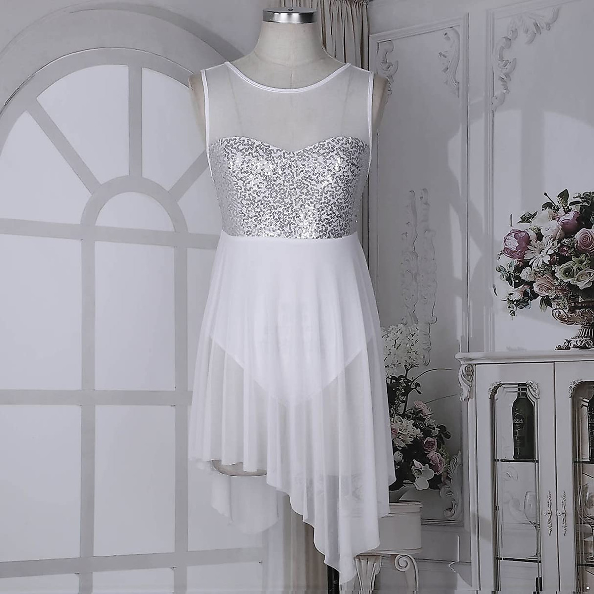 YiZYiF Women's Adult Lyrical Dance Leotard Costume Sequins Overlay Trianglar Cut Skirt Dancewear White X-Large