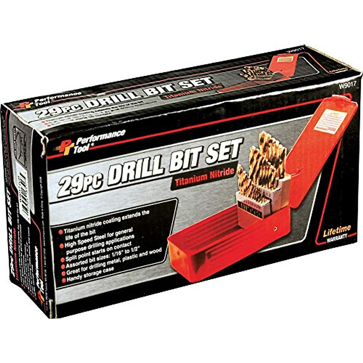 Performance Tool W9017 Drill Bit Set with Steel Case Titanium Coated, 29-Piece, Black