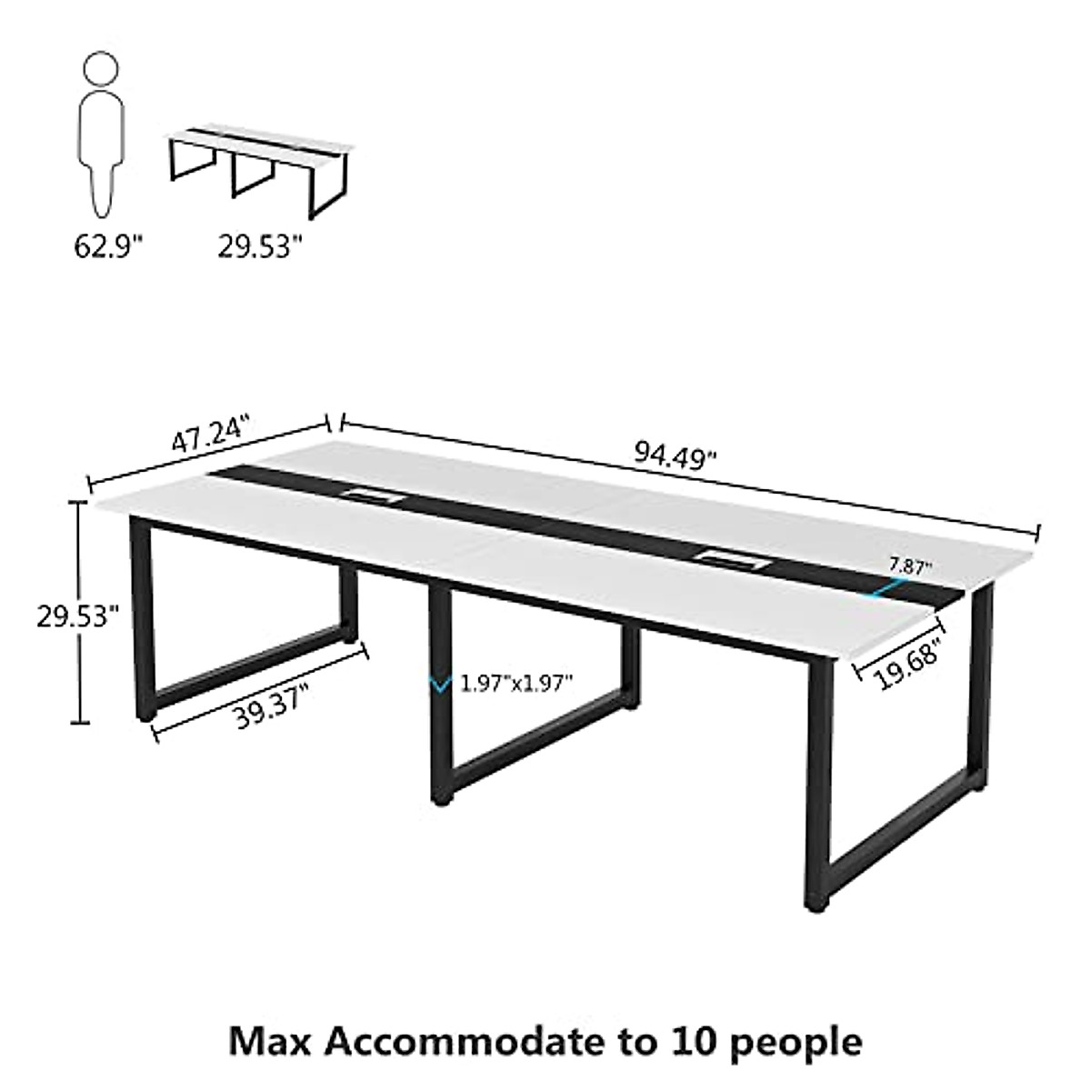 Tribesigns 8FT Rectangle Conference Table, 94.49L x 47.24W x 29.53H Inches Large Meeting Table Seminar Table for Office Conference Room, Modern Wood Training Table with Strong Metal Frame (White)