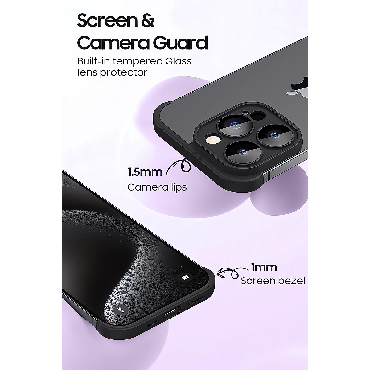 LEKEVO Frameless Fit for iPhone 15 Pro Max Bumper Case with Camera Lens Protector, Slim Soft TPU Shockproof Phone Cover, Minimalist Yet Protective Shell (Black)