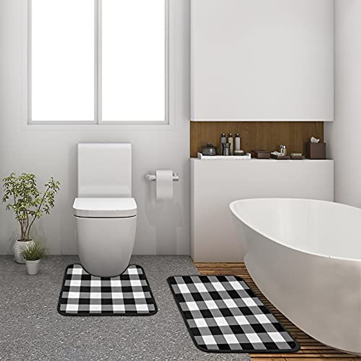 Black and White Plaid Bathroom Rugs Mats Set of 2, Buffalo Check 2 Piece Bath Mats for Bathroom, Absorbent Non Slip Soft Bath Toilet Contour Mat Shower Rugs Decorations for Kitchen Bedroom Indoor