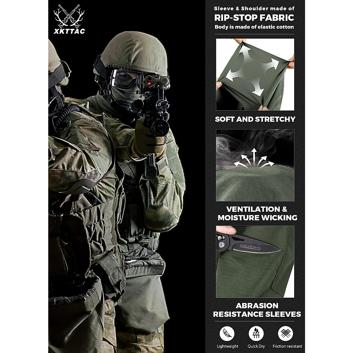 XKTTAC G3 Combat Tactical Shirt for Men with 2-4 Pockets Airsoft-Military-Paintball-Camping Gear Multicam Army BDU TOP Security Clothes（Green/2 Pockets，S）