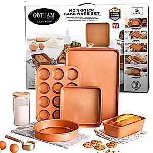Gotham Steel Non Stick Ceramic Bakeware Set, 5 Piece No Warp & Dishwasher Safe Baking Set, Baking Pans Set with Round & Square Baking Pan, Muffin Pan, Loaf Pan & Baking Sheet for oven, 100% PFOA Free