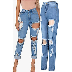 Maiyifu-GJ Women's High Waisted Ripped Boyfriend Jeans Loose Fit Distressed Destroyed Denim Pants Casual Comfy Stretch Jeans (Blue,Large)