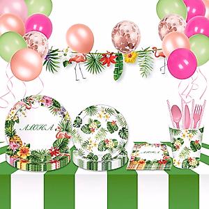 Tropical Luau Birthday Party Balloons, 60 pcs Pink Green Rose Gold Confetti Balloons with Palm Leaves for Tropical Birthday Party Hawaii Luau Summer Party Decoratoins.