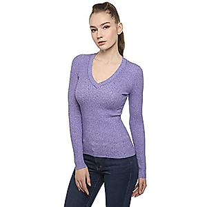 AmélieBoutik Women Cotton Blend V Neck Long Sleeve Ribbed Sweater (Heather Purple X-Large)