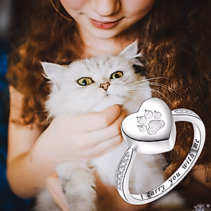 Fookduoduo 925 Sterling Silver Paw Print Urn for Ashes I Carry You with me Cremation Jewelry Dog Cat Claw Urn Finger Ring for Pet Lovers(Silver 7)